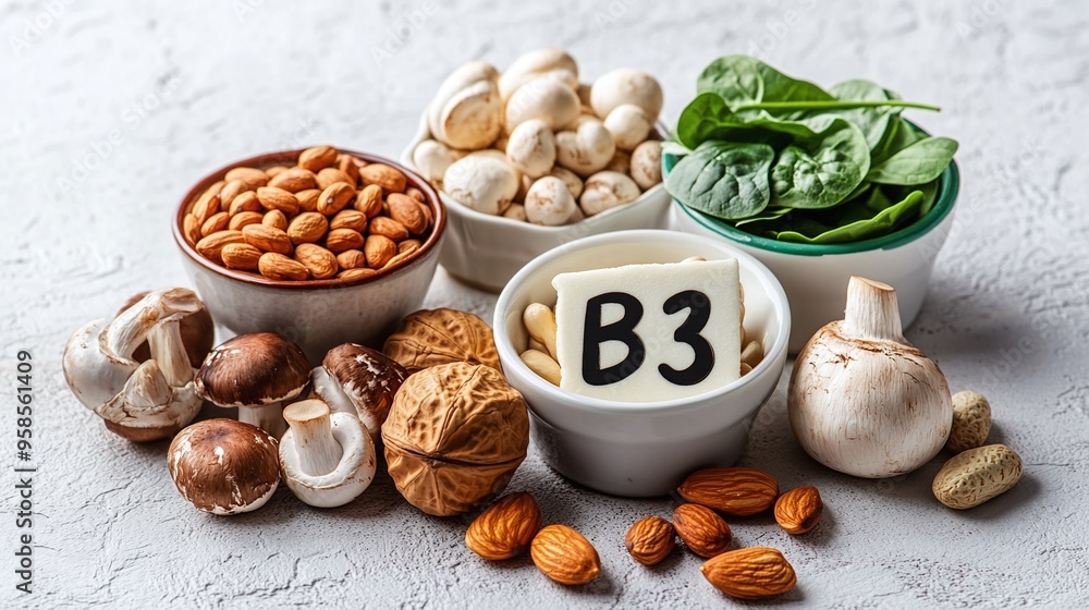Nutritious foods high in vitamin B3 niacin featuring the molecular ...