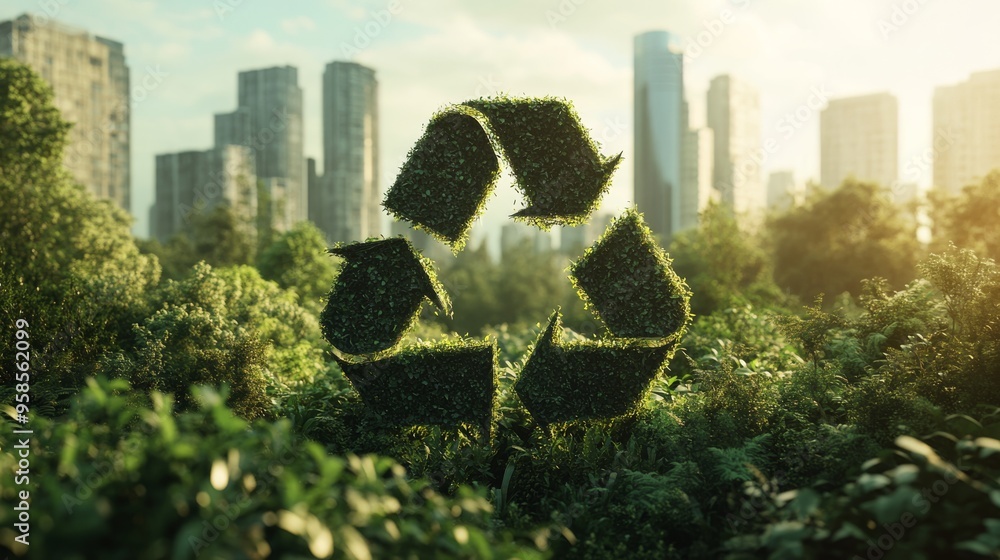 3D recycle symbol made of greenery, placed in a lush forest with a city ...