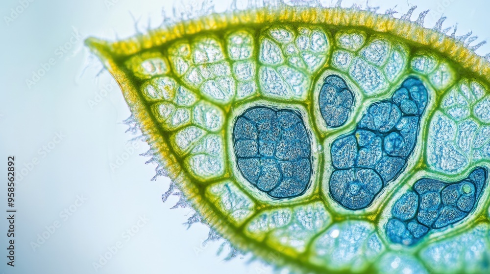 Cross-section of a plant leaf, highlighting the mesophyll where ...