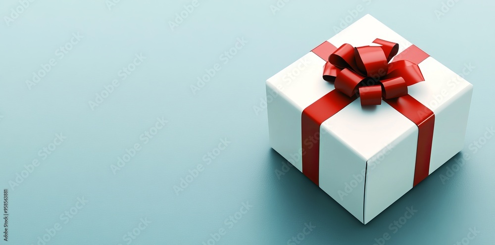An icon of a hexagonal gift box with a bold red ribbon in a minimalist ...