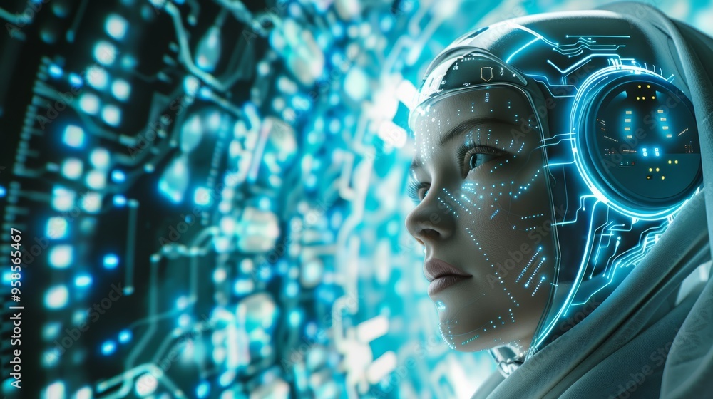 Religion and AI photo of a Christian cyborg woman in front of a ...