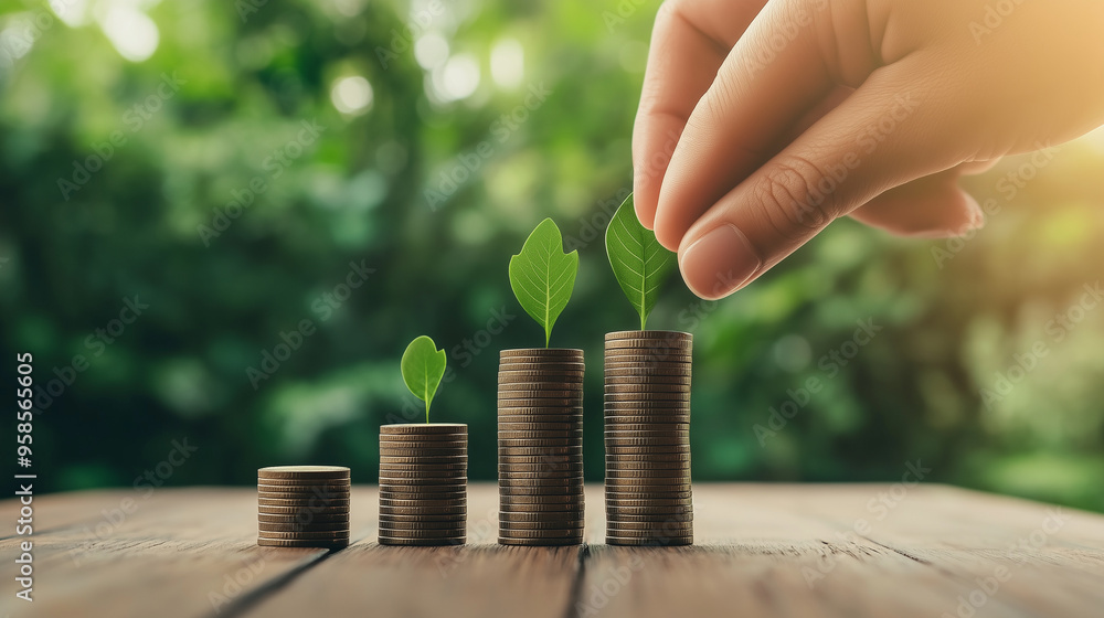 Visualizing finance accounting through a hand putting money coins stack ...