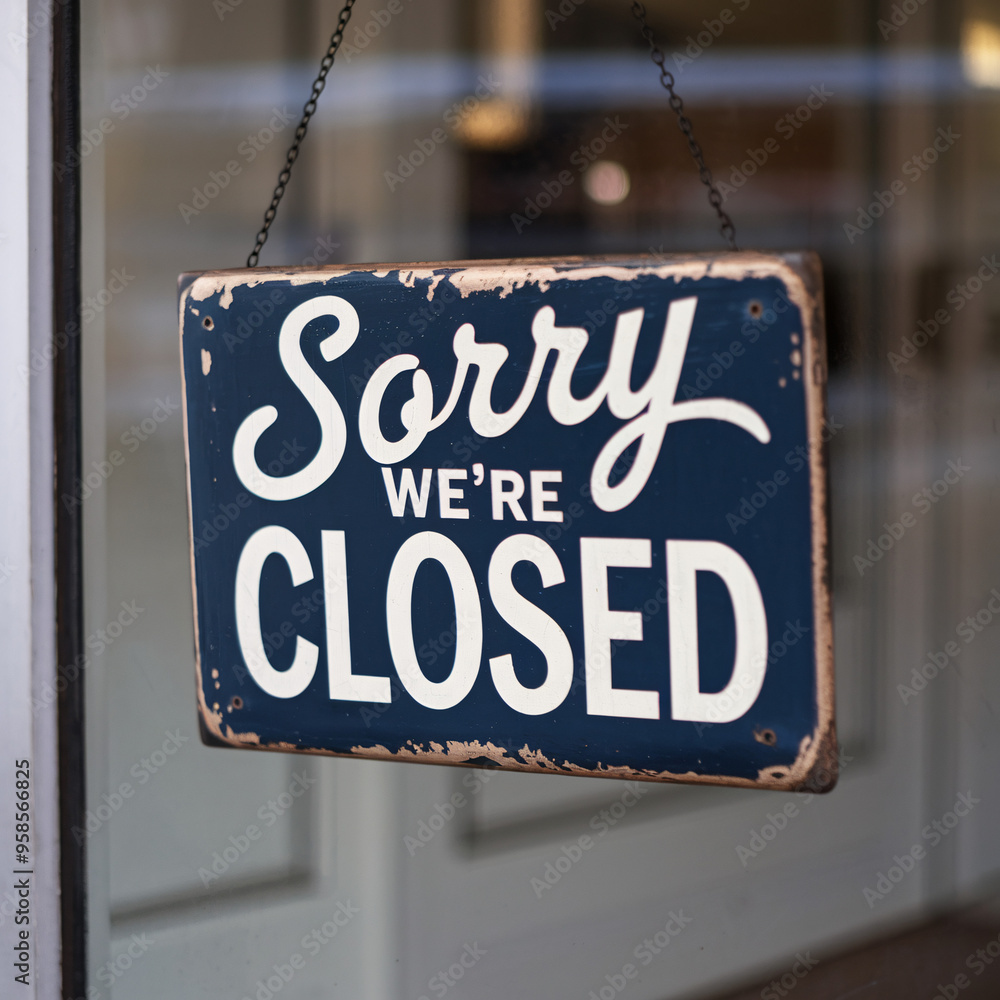 Vintage-style "Sorry We're Closed" sign with distressed navy blue paint ...