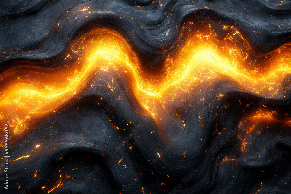 Liquid hot lava in ground cracks top view. Rock textures of volcano ...