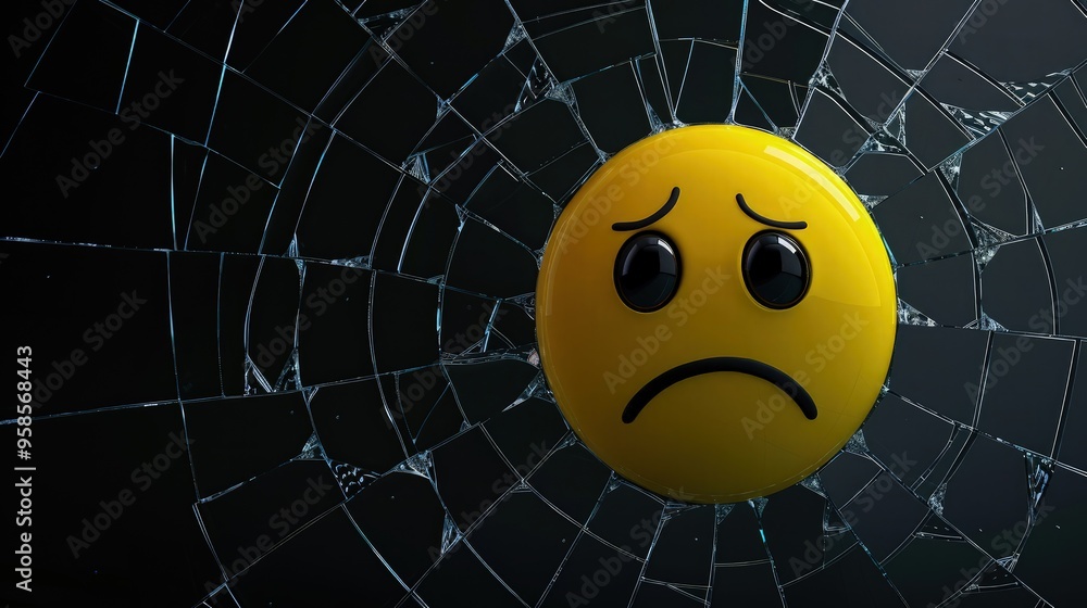 A sad emoticon emoji cast against a black shattered glass background ...