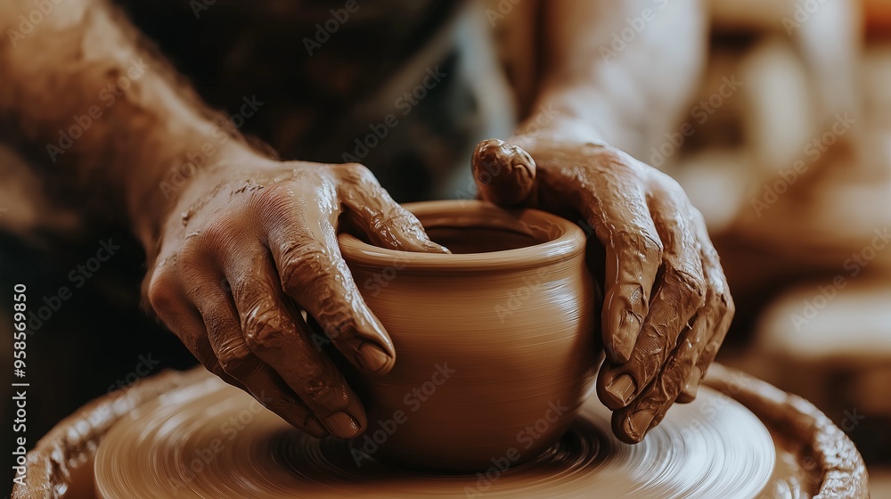 Hands shaping a clay pot on a pottery wheel, highlighting the texture ...