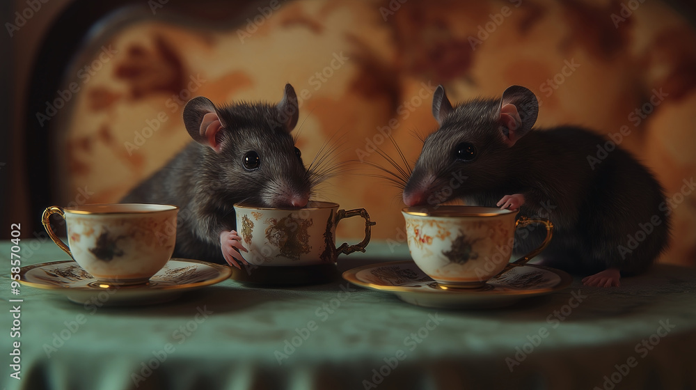 Two adorable mice sitting at a small table, holding teacups, in a cozy ...