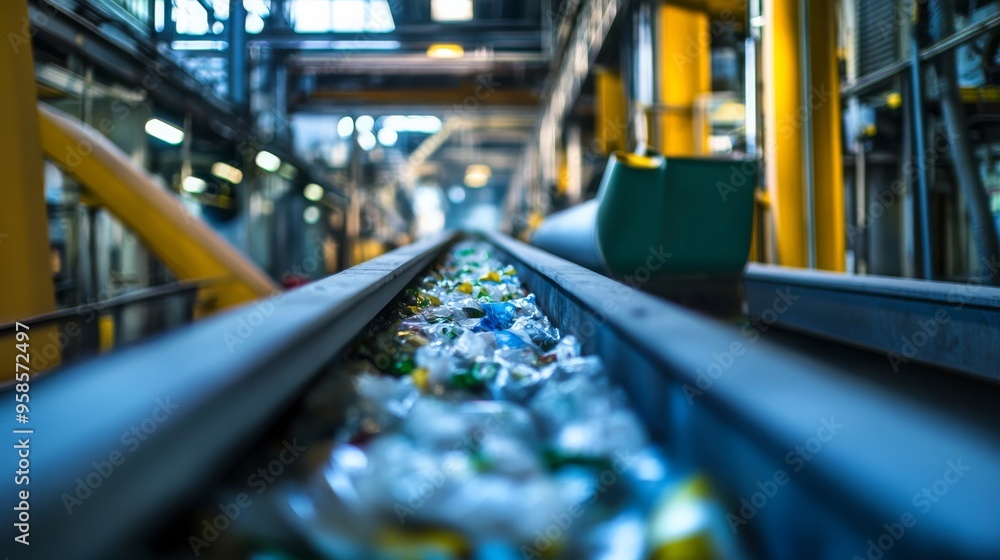 Recycling factory, conveyor belt inside a recycling facility, filled ...