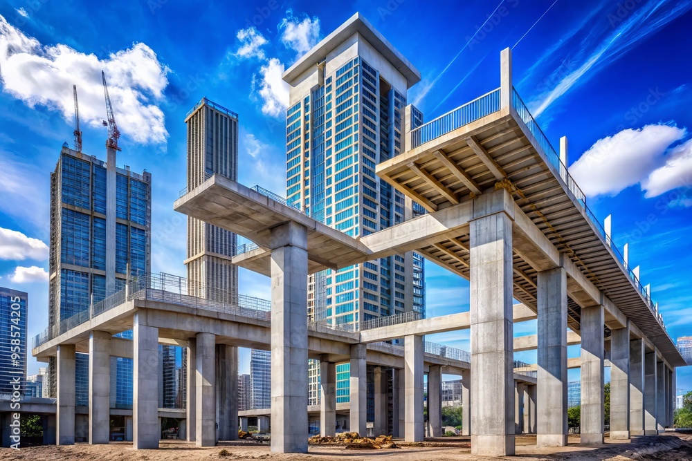 A sturdy concrete pile foundation anchors a modern skyscraper, its ...