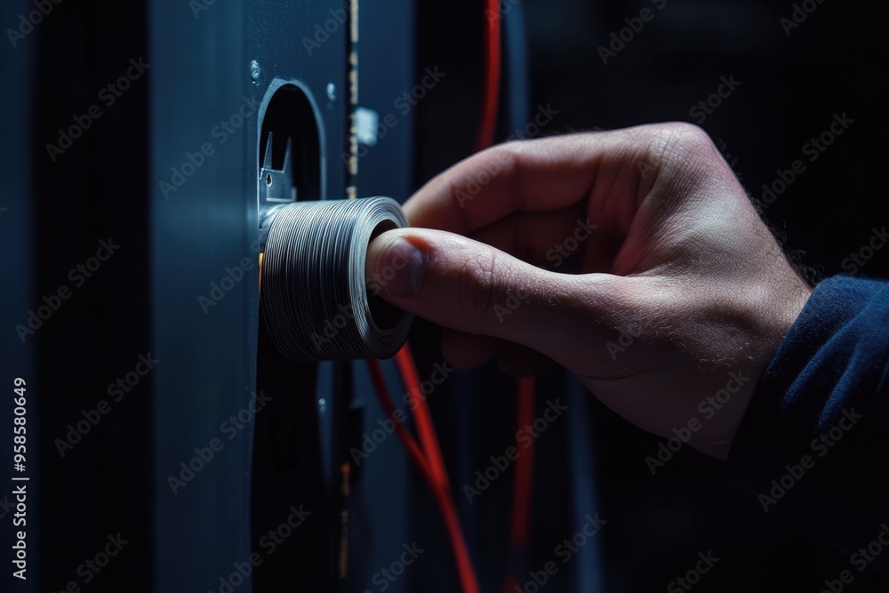 Hand of the electrician using vinyl electrical tape with electricity ...