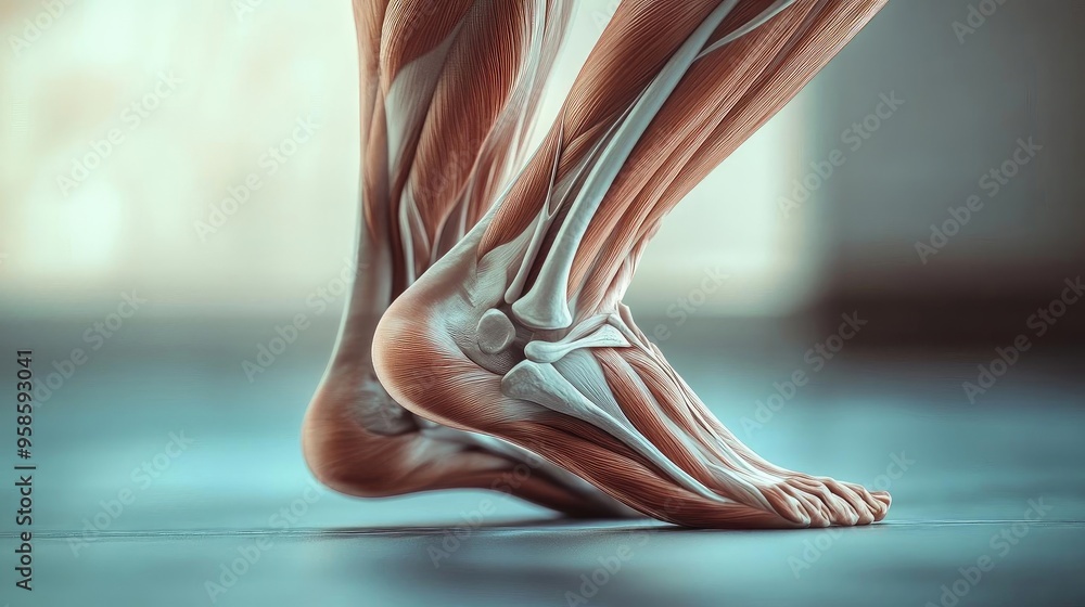 Detailed anatomical representation of a human ankle showing muscle and ...
