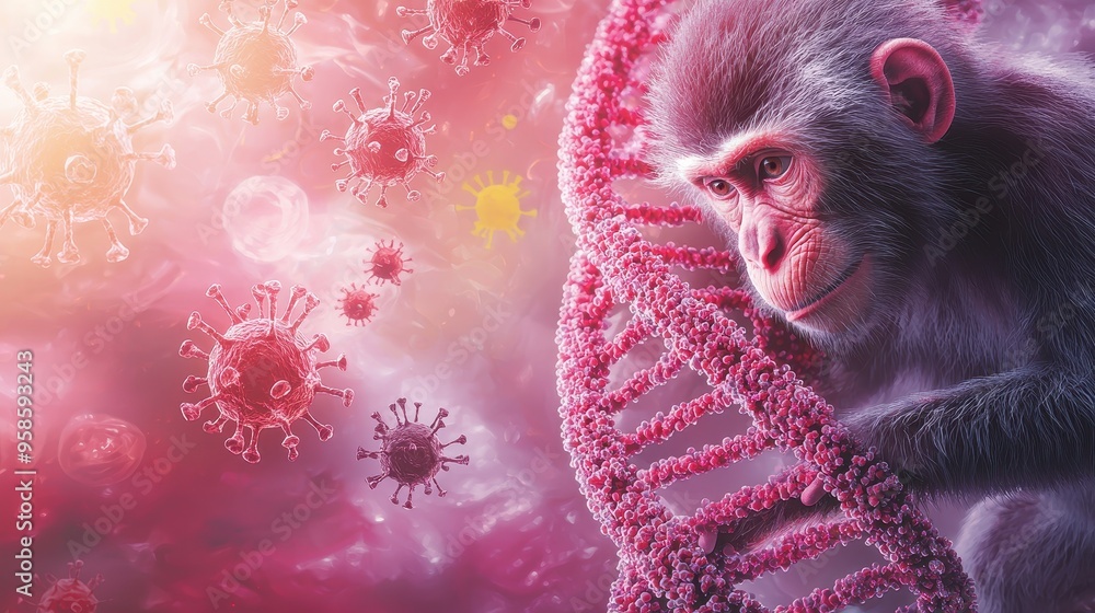 Monkey with a virus-covered DNA strand in a pink atmosphere symbolizing the genetic link between ...