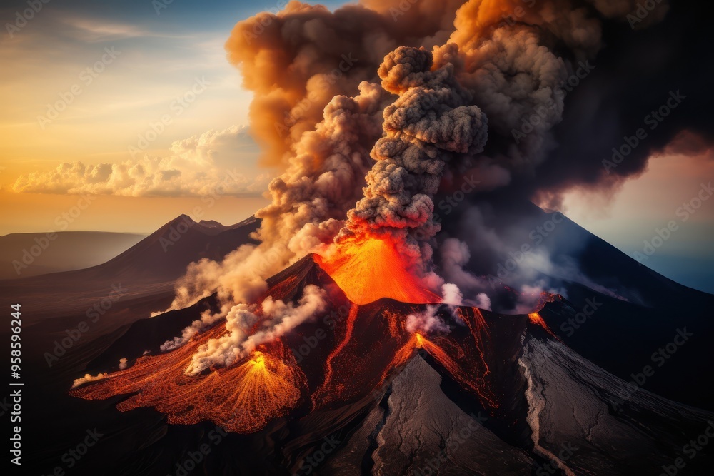Aerial photo of a massive Volcano Eruption. A large volcano erupting ...