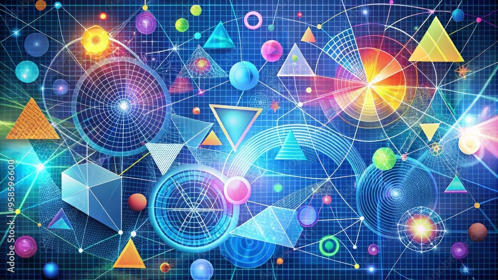 Colorful geometric shapes and mathematical symbols, including triangles ...