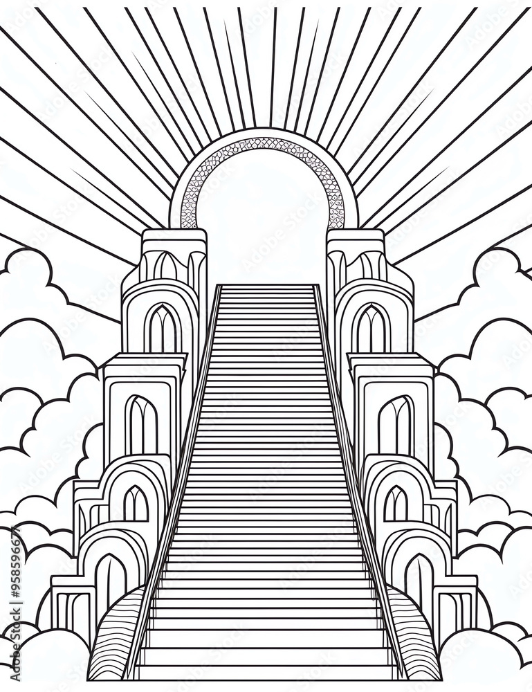 Stairs leading to heaven, with an archway and clouds in the background ...