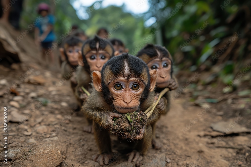 A group of baby monkeys walks on a dirt path in the forest with humans ...