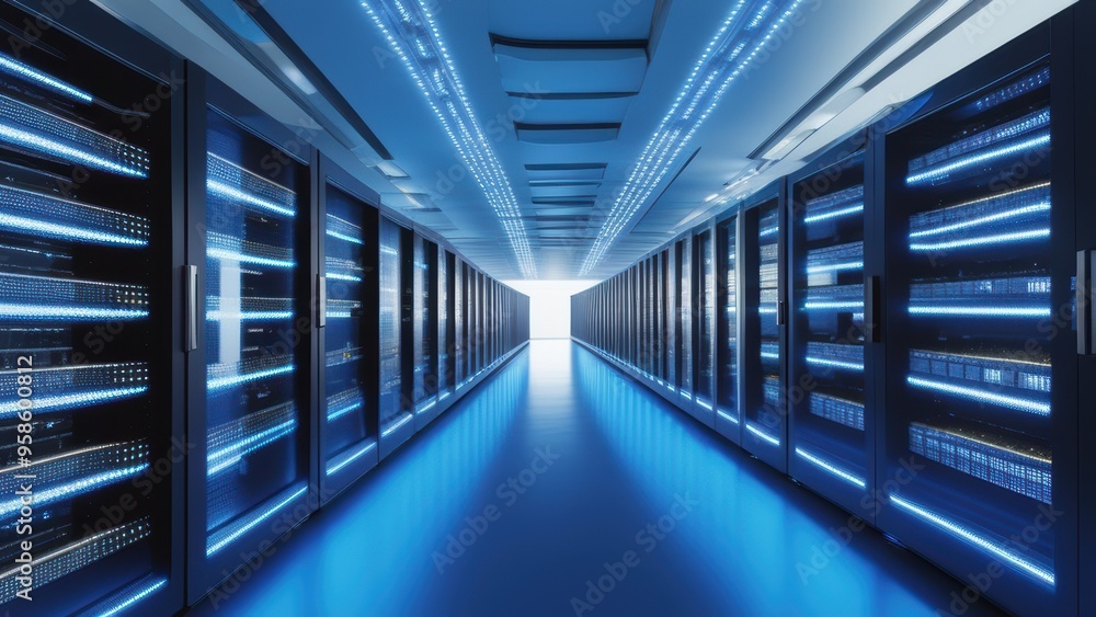 High-performance server racks in a well-lit industrial data center with ...