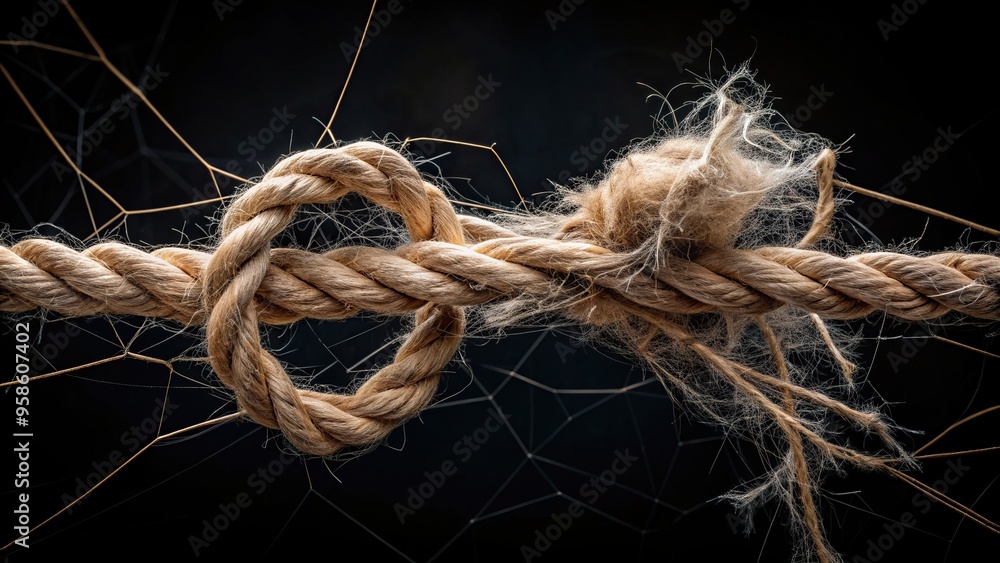 Frayed rope and thread resembling a tangled web on a dark black ...