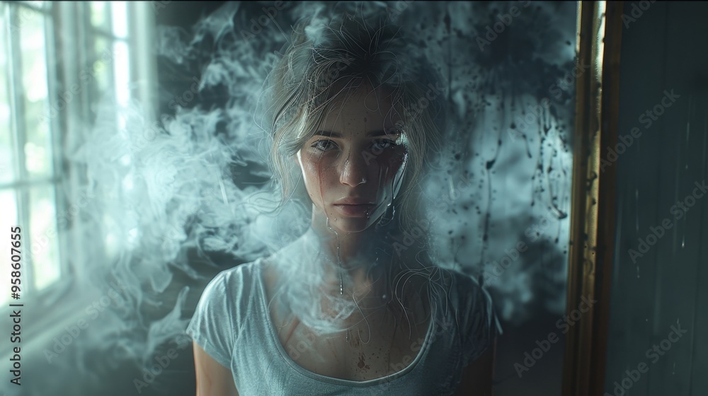 Darkness is reflected in the depths of the mirror. Women in a ...