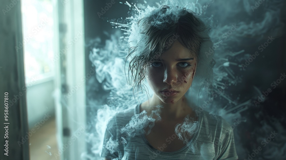 Darkness is reflected in the depths of the mirror. Women in a ...