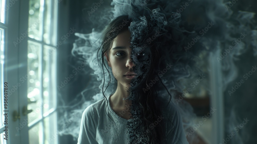 Darkness is reflected in the depths of the mirror. Women in a ...