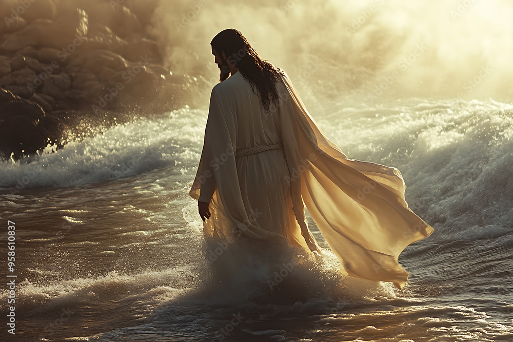 Jesus, depicted in white robes with long hair and a beard, walks on ...