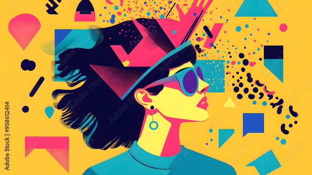 Young woman’s brain exploding information to social media. style ...