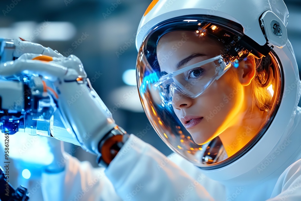 Astronaut working with robotics is captured in a close-up shot of an ...