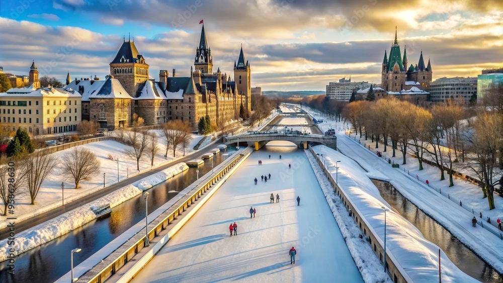 winter, frozen city, A stunning aerial view of the Ottawa Rideau Canal ...