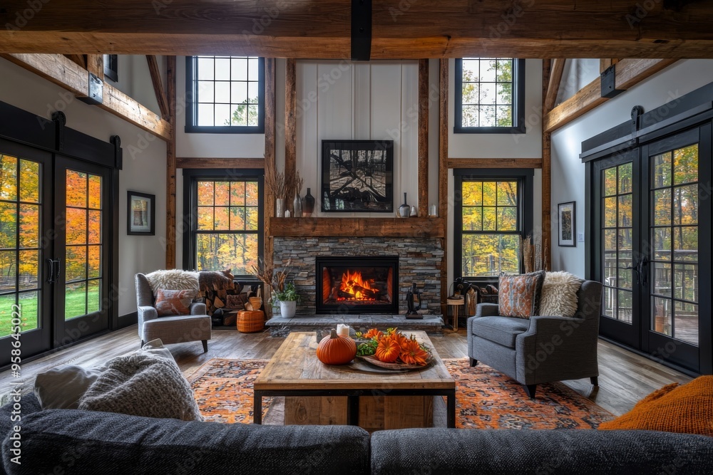 wooden beams and black door frames frame a cozy open concept living ...