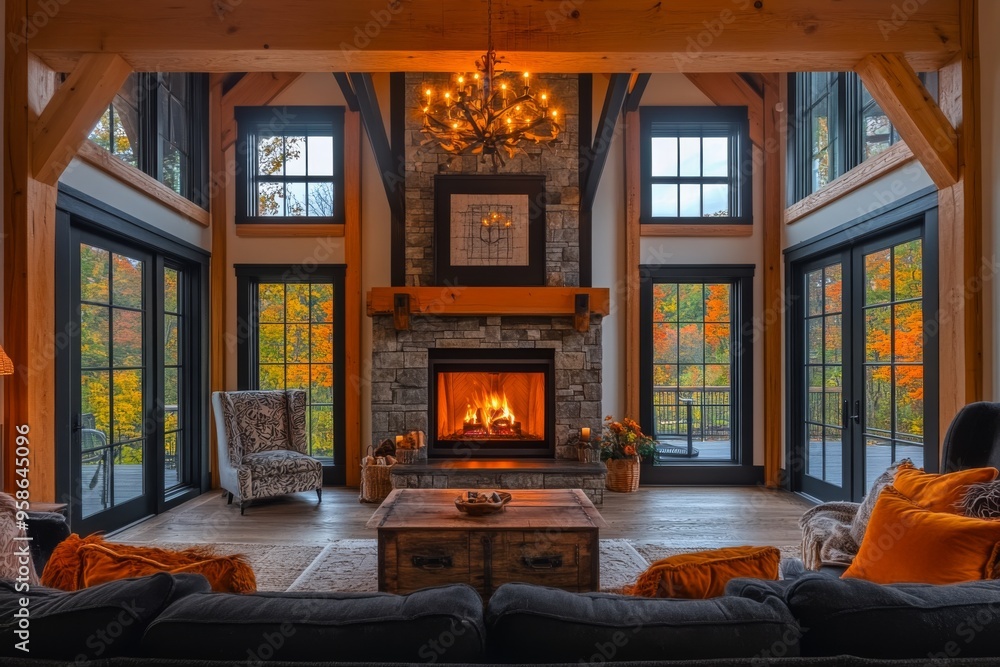 wooden beams and black door frames frame a cozy open concept living ...