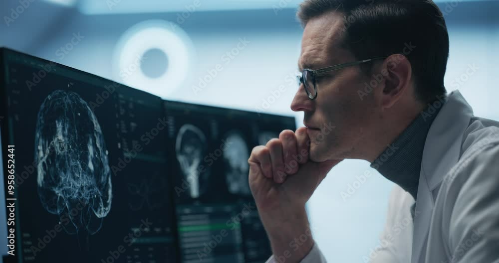 Neurologist Examines Intricate Brain Scans on Multiple Screens ...