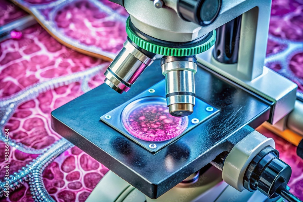 High angle view of a pathology slide of liver tissue viewed under a ...