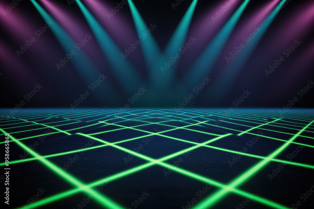 Explore a modern concert vibe with sharp neon green and blue laser grid ...
