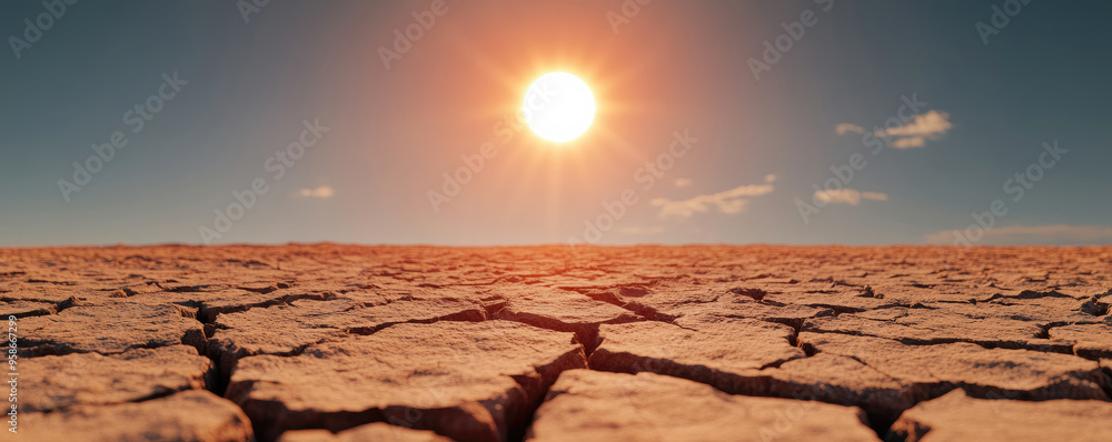 A vivid portrayal of an intense heatwave, featuring a blazing sun above ...