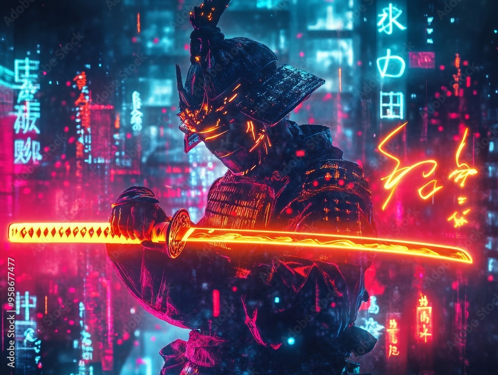 Cyber samurai warrior holding a neon katana, surrounded by digital ...