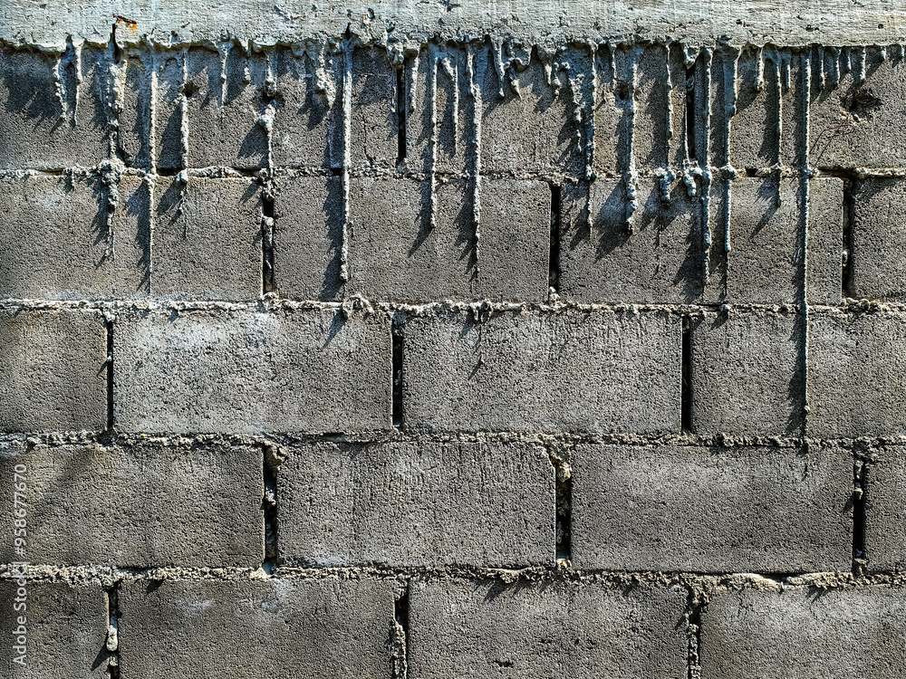 Dry cement drips on bricks wall. Mortar dripping and running down the ...