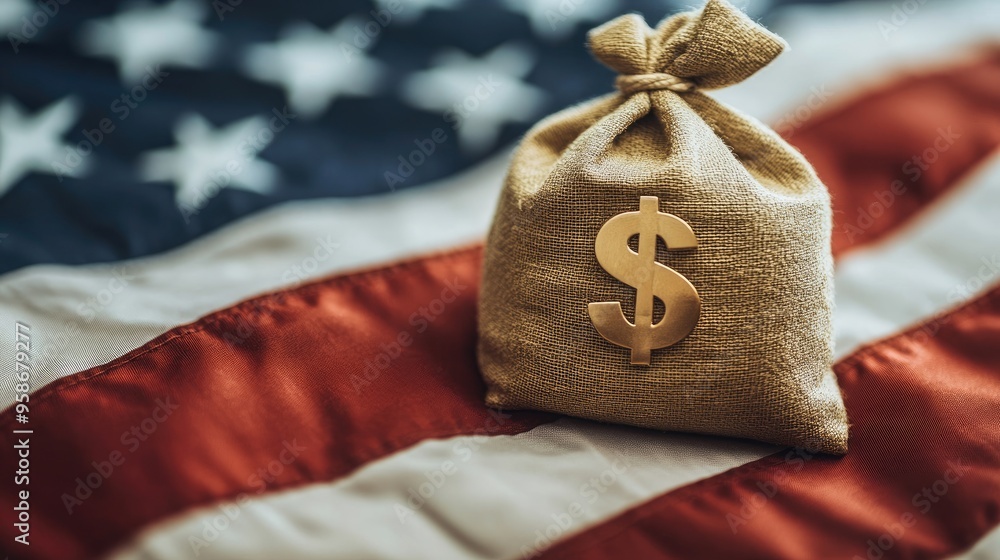Dollar-sign money bag placed on the US flag, representing investment ...