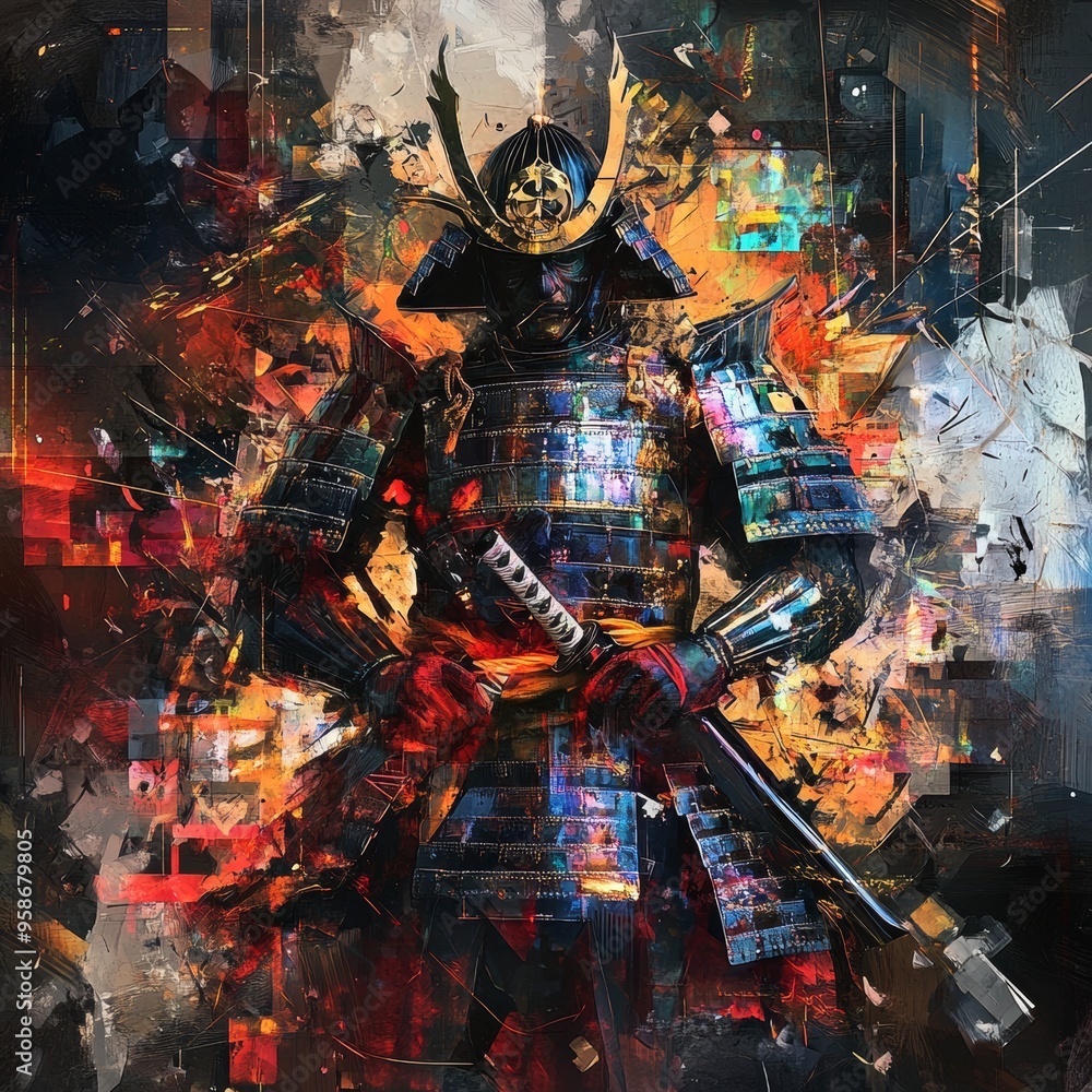 A surreal, abstract depiction of a samurai, with fragmented armor ...