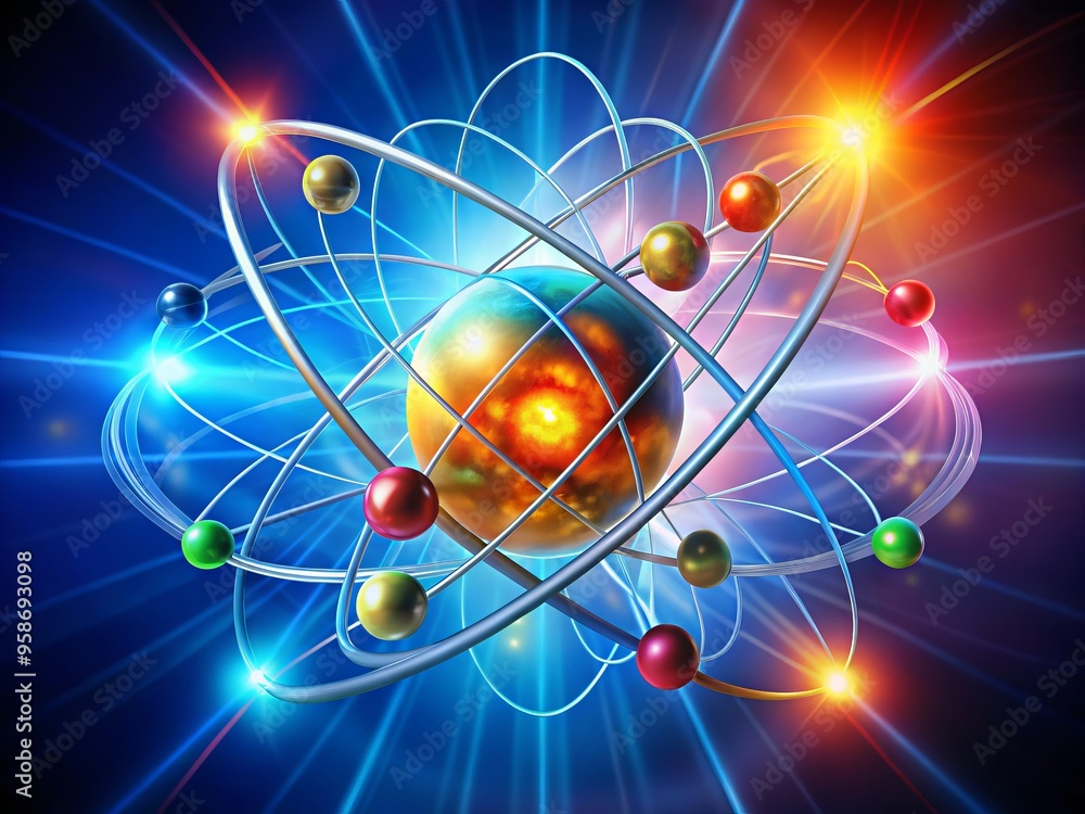 Nuclear atom illustration featuring energetic electrons orbiting a ...