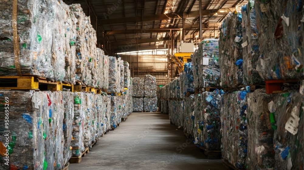 Interior of a recycling plant with neatly stacked plastic bales ...