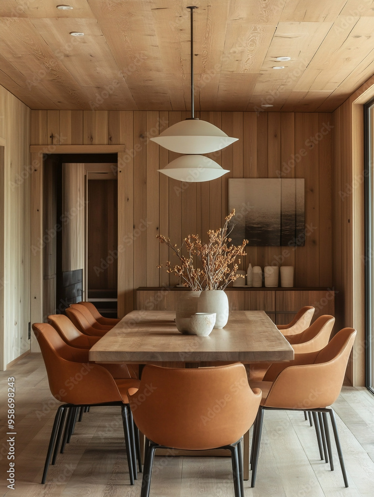This is a mid-century modern interior photo of a residential dining ...