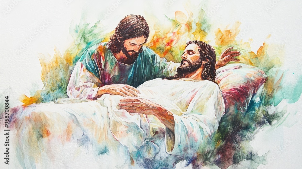 heartwarming watercolor portrayal of Jesus Christ performing a miracle ...