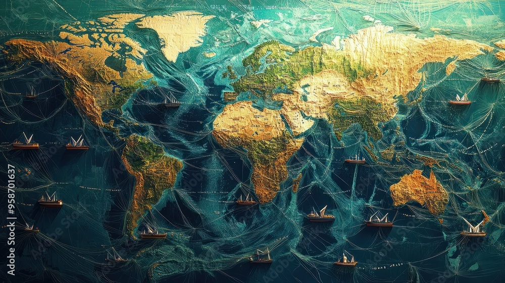 Illustrated Global Maritime Trade Routes Map,A stylized illustration of ...