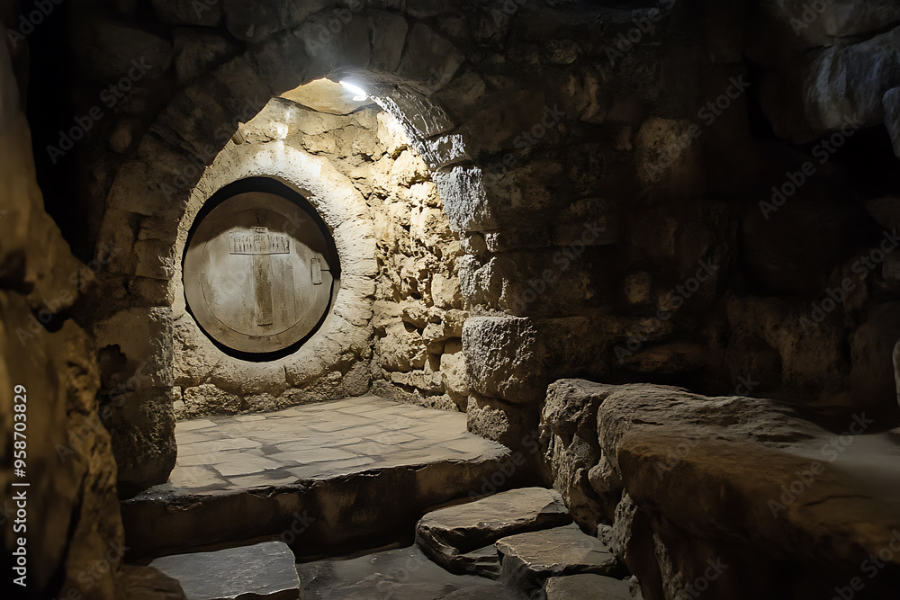 A stone cave featuring a round entrance and a large, round stone door ...