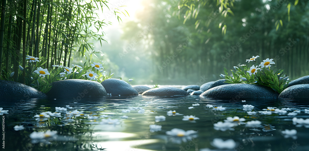 “Surreal Zen Spa Background with Bamboo, Flowing Water, and Delicate ...