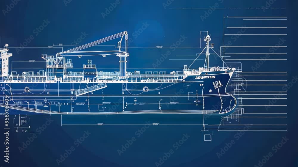 A detailed digital blueprint of a large cargo ship, showcasing a ...