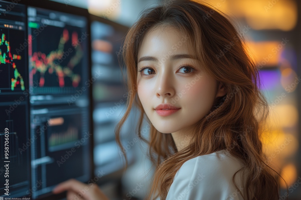A Japanese data analyst working on a laptop with multiple monitors ...