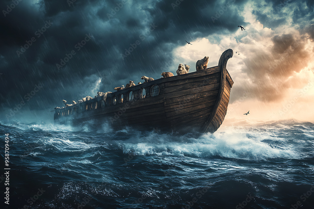 : An image portraying Noah's Ark from the biblical story, showcasing ...
