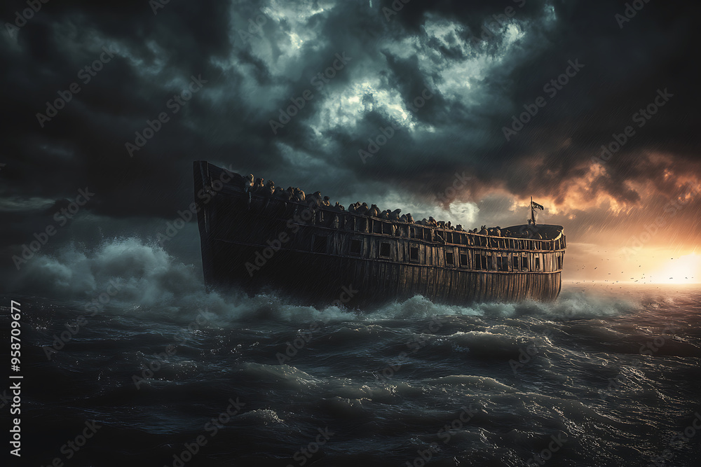 : An image portraying Noah's Ark from the biblical story, showcasing ...